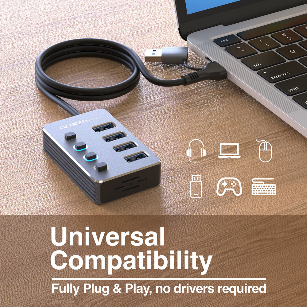 One Axess 2-in-1 Type-C/USB 3.0 to 4-Port USB 3.0 Hub with Switches ...